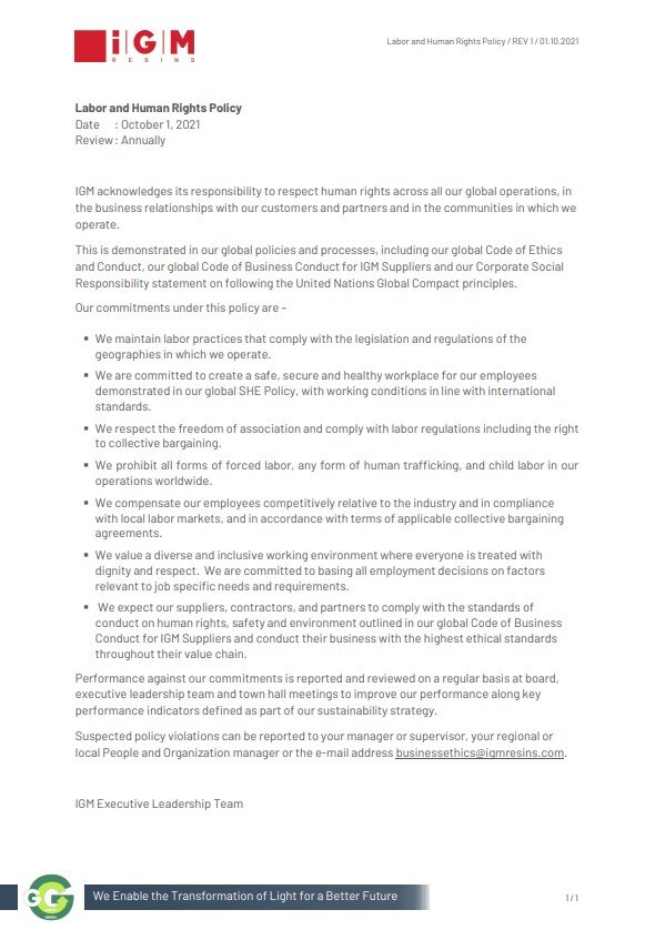 IGM RESINS : Corporate policy